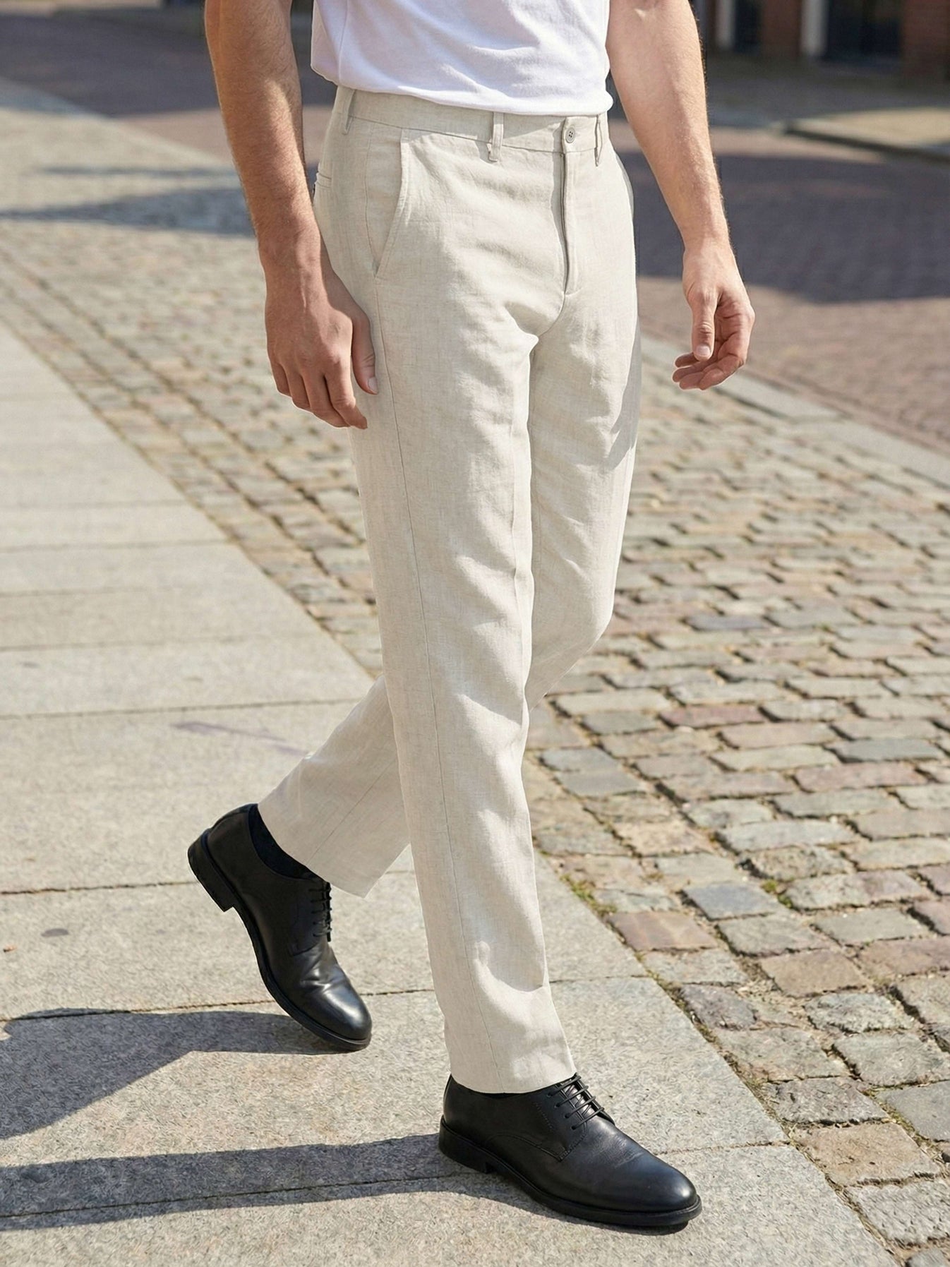Celio* Men Off White Solid Straight Fit Polyester Trousers